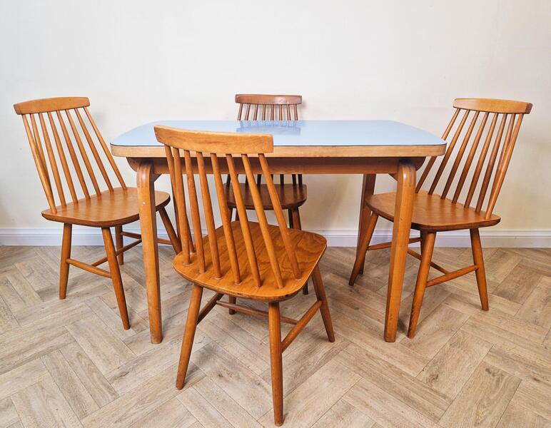 Vintage Mid Century 1960s Solid Beech & Sky Blue Formica Dining Table ...