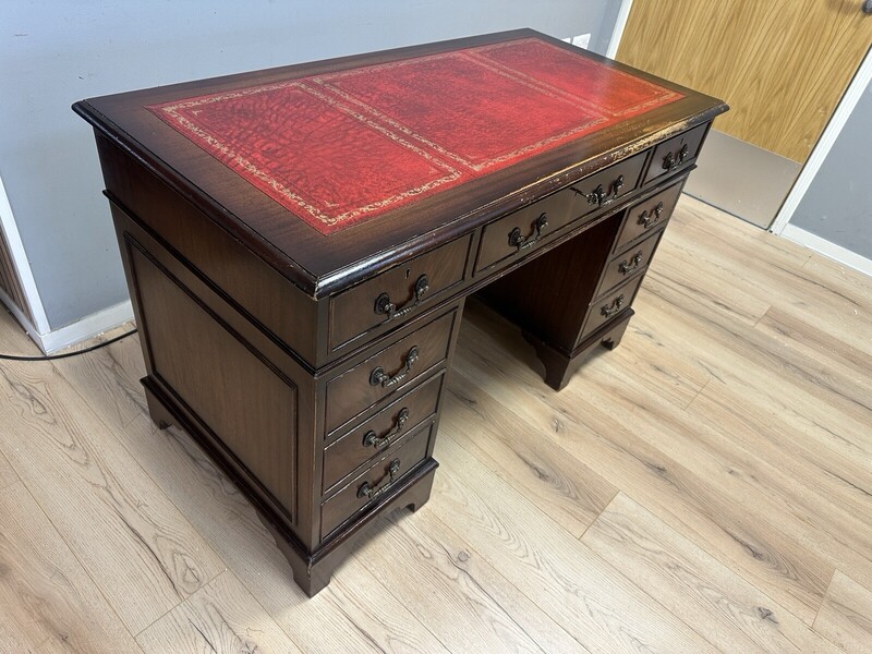 Antique Style Captains Bankers Desk Red Leather Twin Pedestal Partners ...