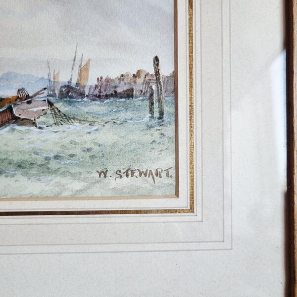 Original Antique Watercolour Depicting Tall Ships By W Stewart | Vinterior