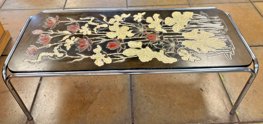 1970's Chrome & Floral Laminated Coffee Table | Vinterior