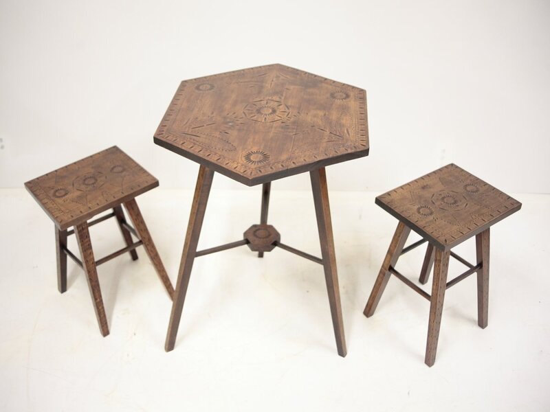 Hand Carved Folk Table And Stools, Former Czechoslovakia, 1960s, Set Of ...