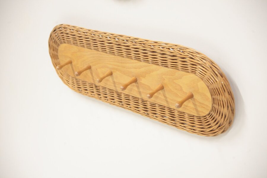 Mid Century Wicker Set Of Stool, Mirror And Coat Hanger, Former ...