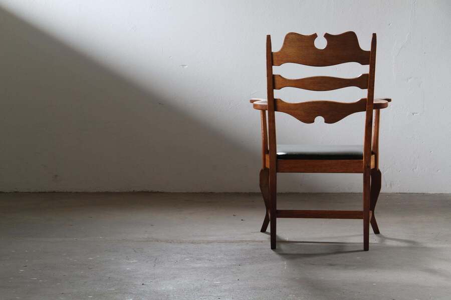 Vintage 60s Brutalist Solid Oak Razorblade Black Leather Armchair By H ...