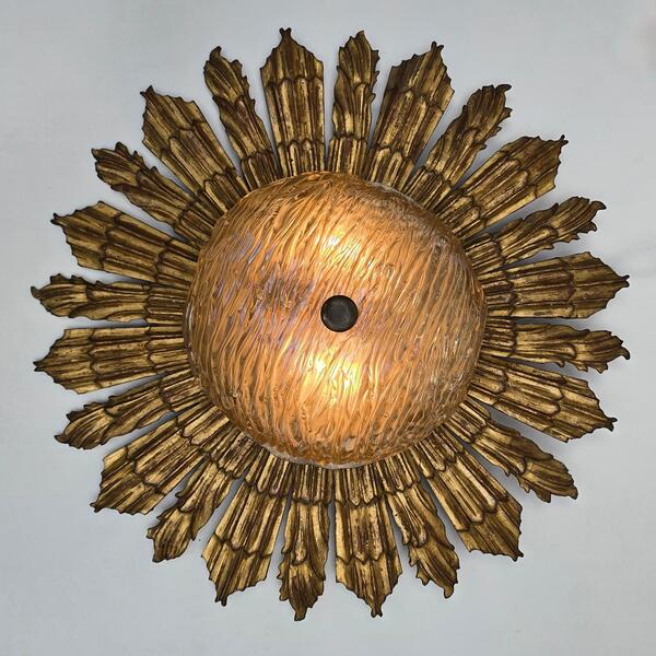 Italian Gilded Sunburst Ceiling Or Wall Light With Textured Glass Shade ...