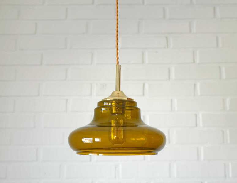 Hand Blown Amber Glass Pendant Light: Mcm Retro Bar Golden Hanging Lamp ...