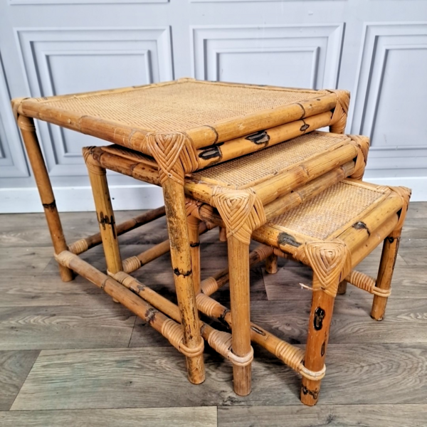Vintage Nest Of Tables Bamboo & Rattan – Boho Mid Century Cane Side ...