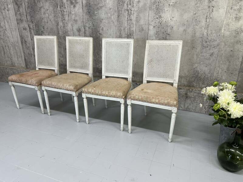 Set Of Four White Shabby Chic Cane Dining Chairs To Reupholster | Vinterior