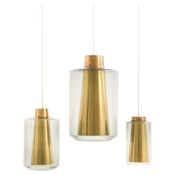 Set Of 3 Brass & Glass Ceiling Lamps, 1950s | Vinterior