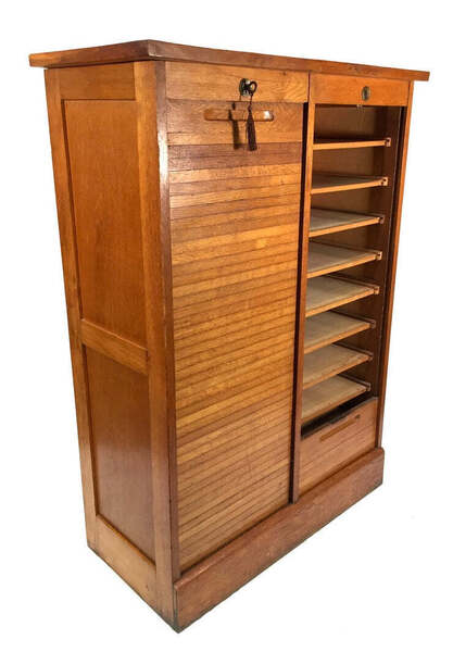 Antique 1950s Wood Oak Double Tambour Fronted Office Paper Filing ...