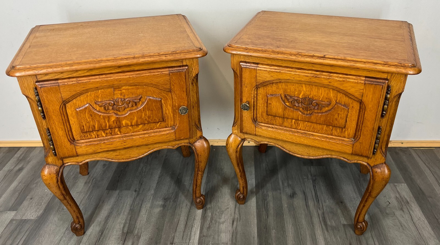 Pair Of Bedside Tables Vintage French Oak Nightstands Carved Cabinets ...