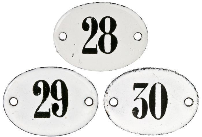 Three French Enamel Hotel Room Numbers 28, 29, 30 | Vinterior
