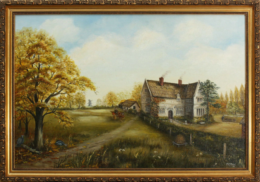 Oil On Board By Pat Cray. Detailed Landscape Of A Country House | Vinterior