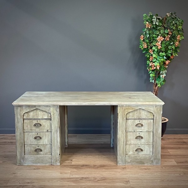 Very Large Gothic Scumble Painted Twin Pedestal Office Desk | Vinterior