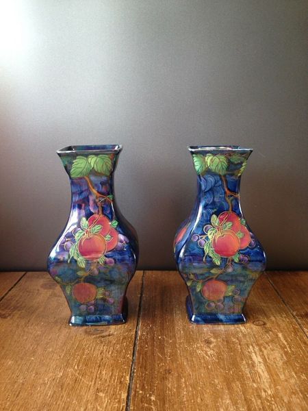 C1929 Rare Pair Of Art Deco Maling Plum & Orchard Fruits Blue Lustre ...