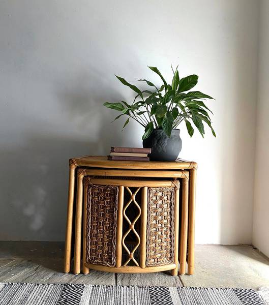 Set Of Bamboo Rattan Cane Mid Century Nest Of Tables | Vinterior