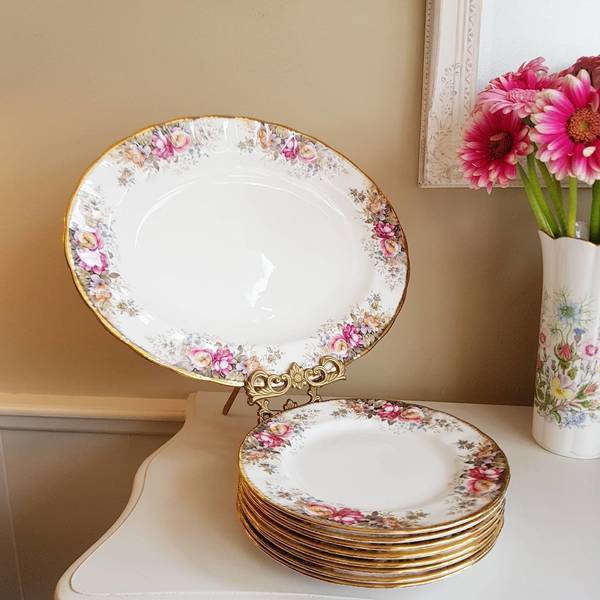 Vintage Queen Anne Summer Rose, Porcealin Set, Table Set, Gold Glided ...