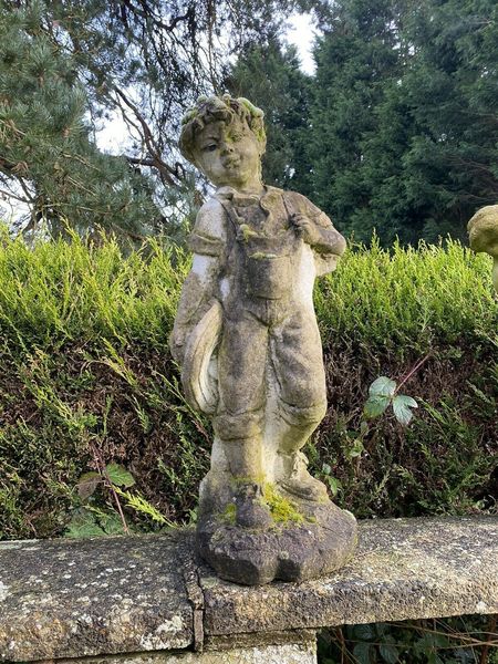 Country Estate Gardening Boy With Straw Bower Weathered Stone Garden ...