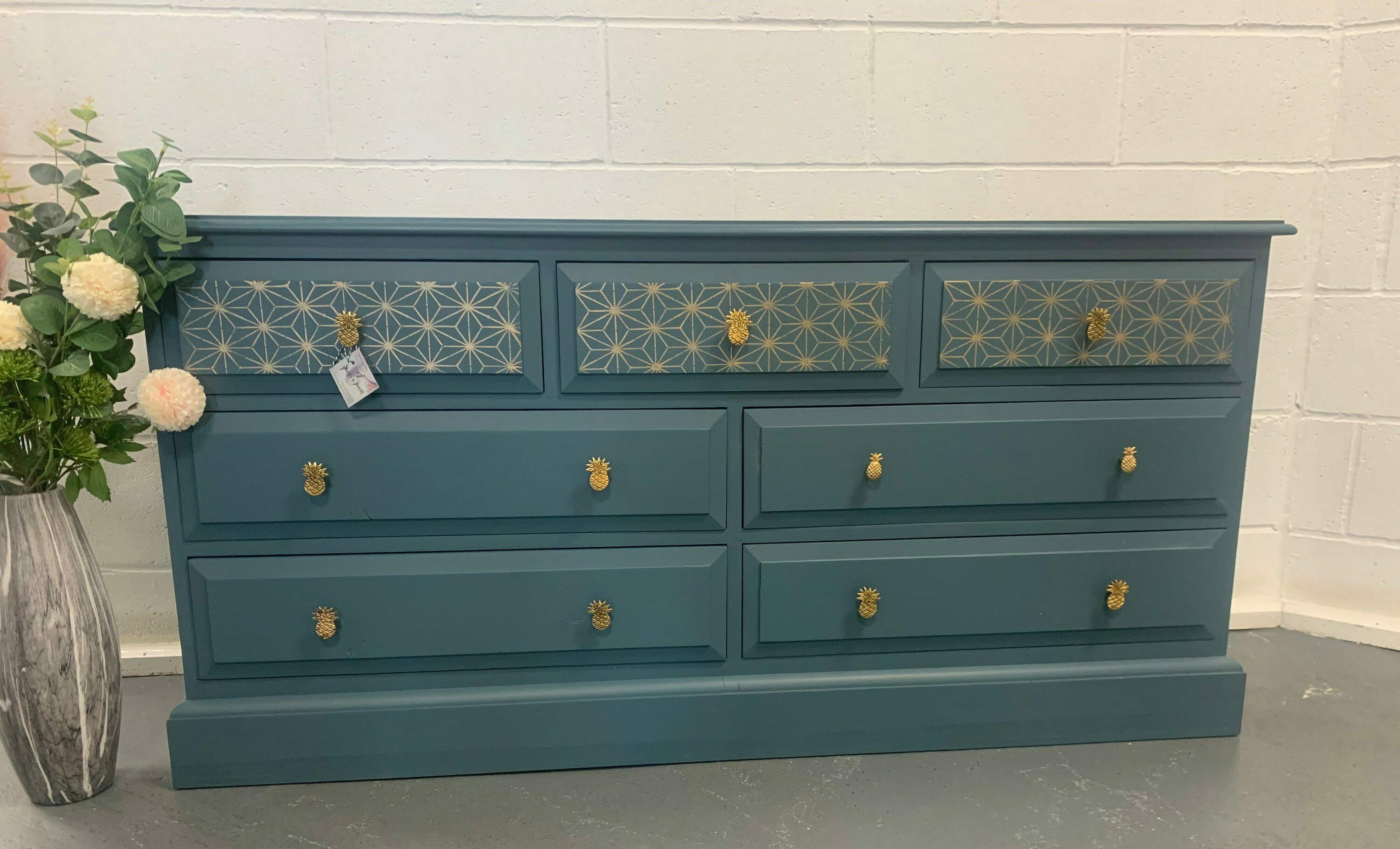 Large Chest Of Drawers Painted Bespoke Stencilled Upcycled Blue Gold Geometric Vinterior